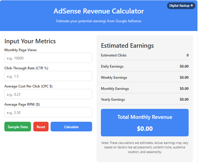 AdSense Revenue Calculator - Digital Rackup